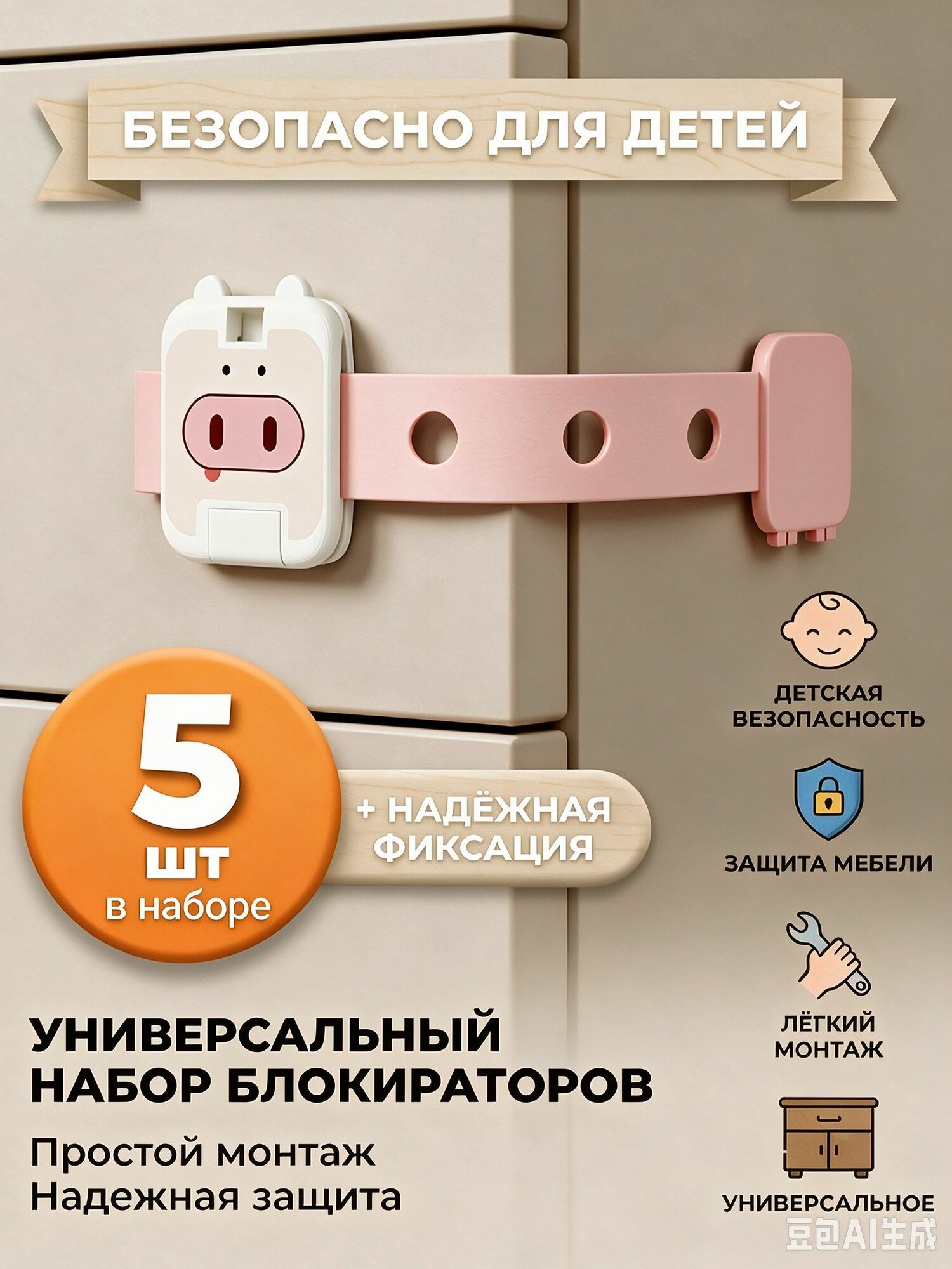 Детский защитный замок для шкафов и ящиков, регулируемый ремешок от открывания детьми, 5 штук