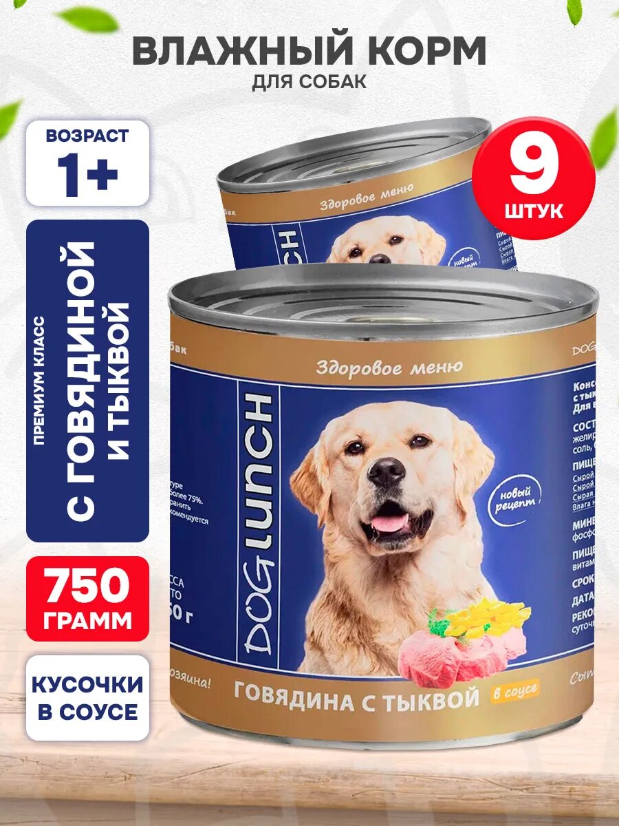 Корм влажный Dog Lunch для взрослых собак, говядина, тыква в соусе, 750 г 9 шт