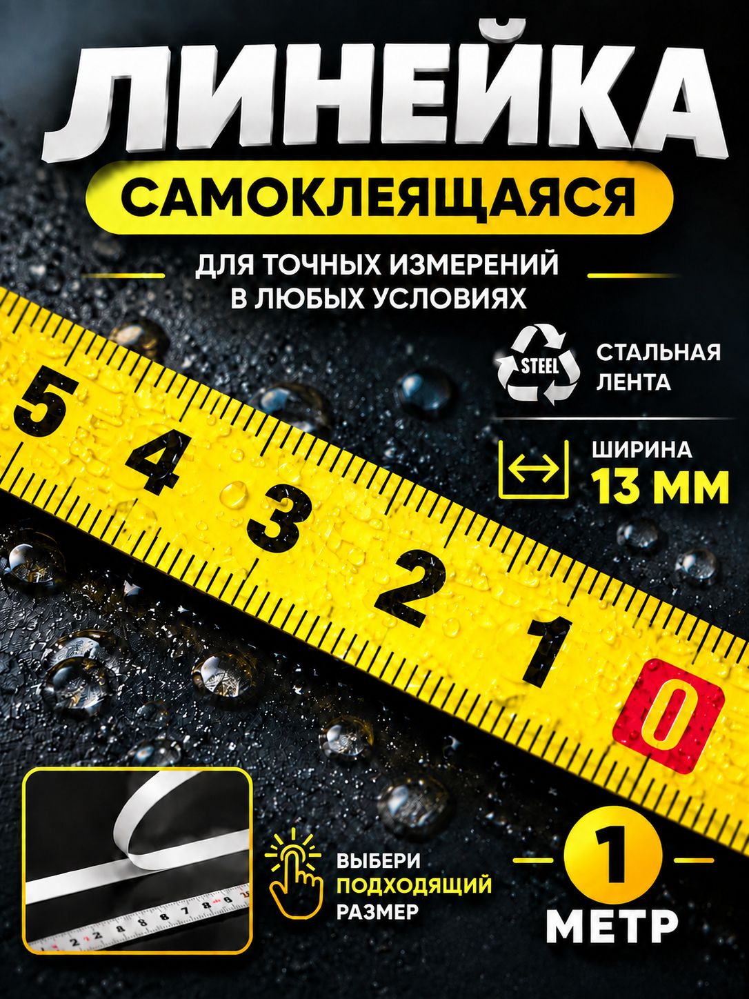 Измерительная лента желтая. Линейка самоклеящаяся 1<-0 метра справа налево металлическая. Сантиметр на клеевой основе