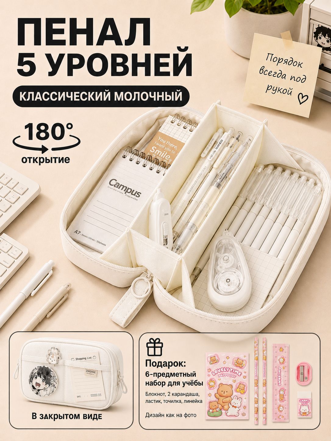 Пенал школьный большой 5 отделений из хлопка для девочек подростков, вместительный многослойный пенал-органайзер с сетчатыми карманами для канцелярии, белый