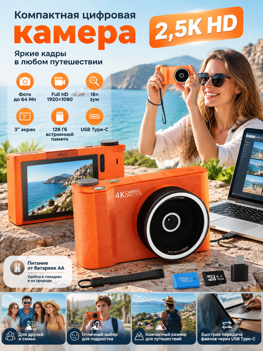 Компактная цифровая камера 4K: матрица 64 Мп, Full Frame, дисплей 3", USB Type-C, память 128 Гб
