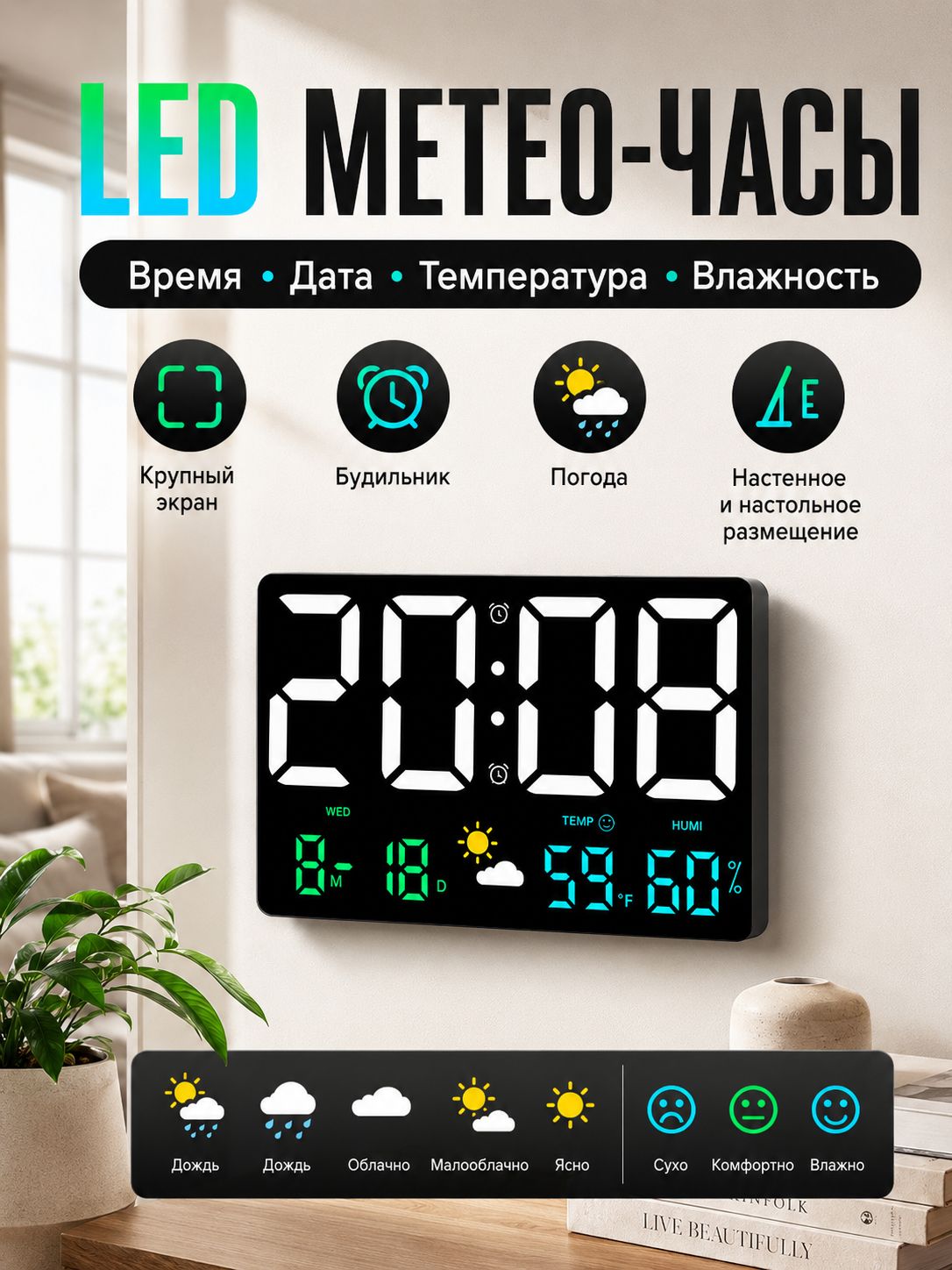 Электронные LED-часы с будильником, термометром и гигрометром, дата и погода, настенные и настольные, черные