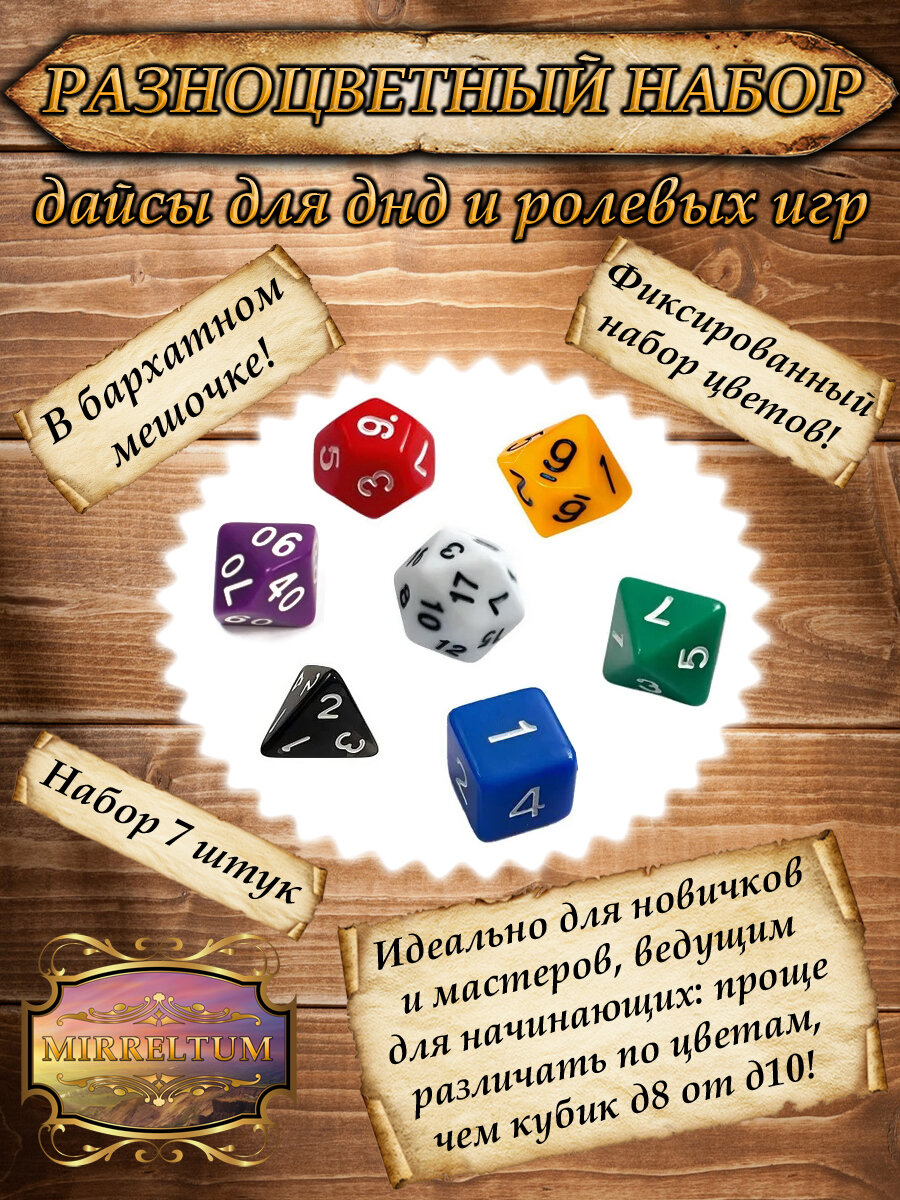 Набор разноцветных дайсов для ДнД и настольных ролевых игр: чёрный d4, синий d6, зелёный d8, жёлтый d10, красный d12, белый d20, фиолетовый d% + мешочек в подарок