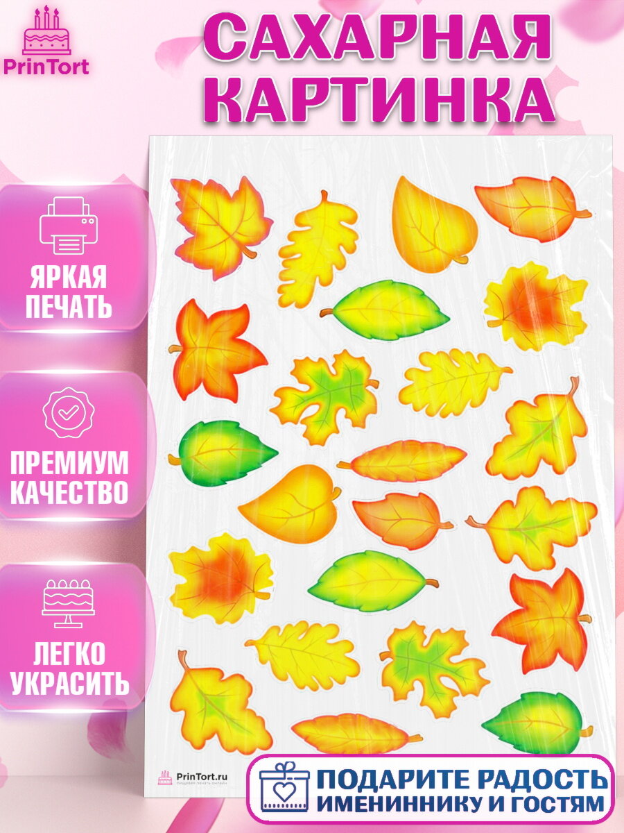 Сахарная картинка для торта Листья. Украшения для торта на День Рождения. Декор для выпечки PrinTort