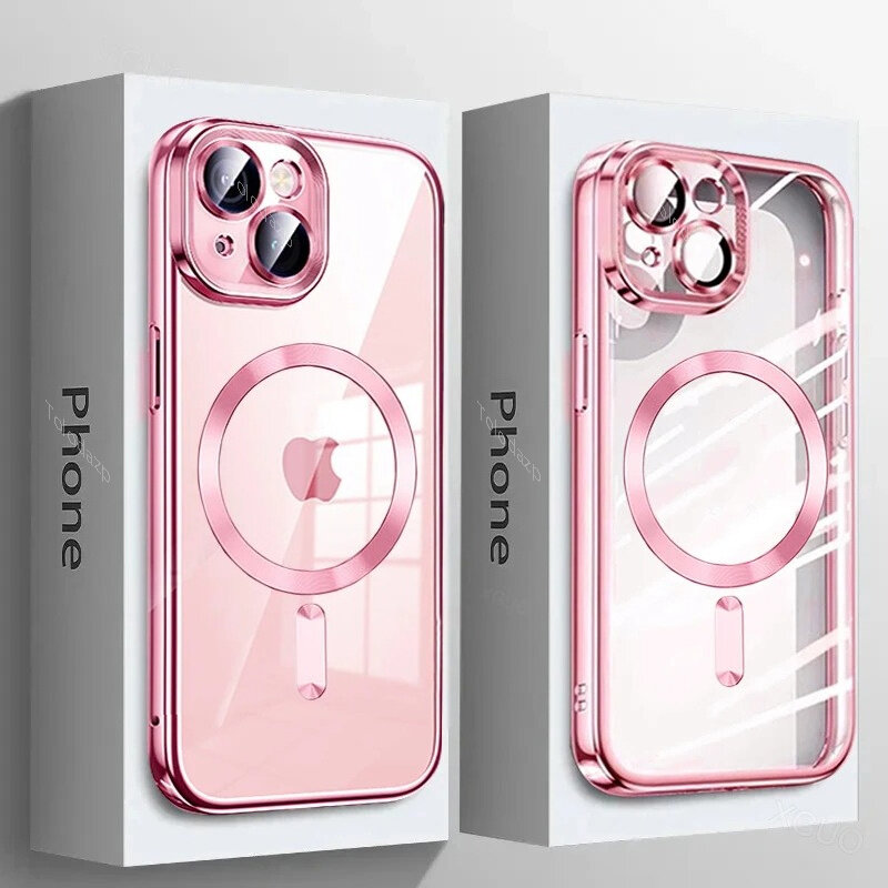 Розовый прозрачный чехол для iPhone 13 с люкс покрытием, магнитный, для беспроводной зарядки, ударопрочный, с защитной пленкой для камеры