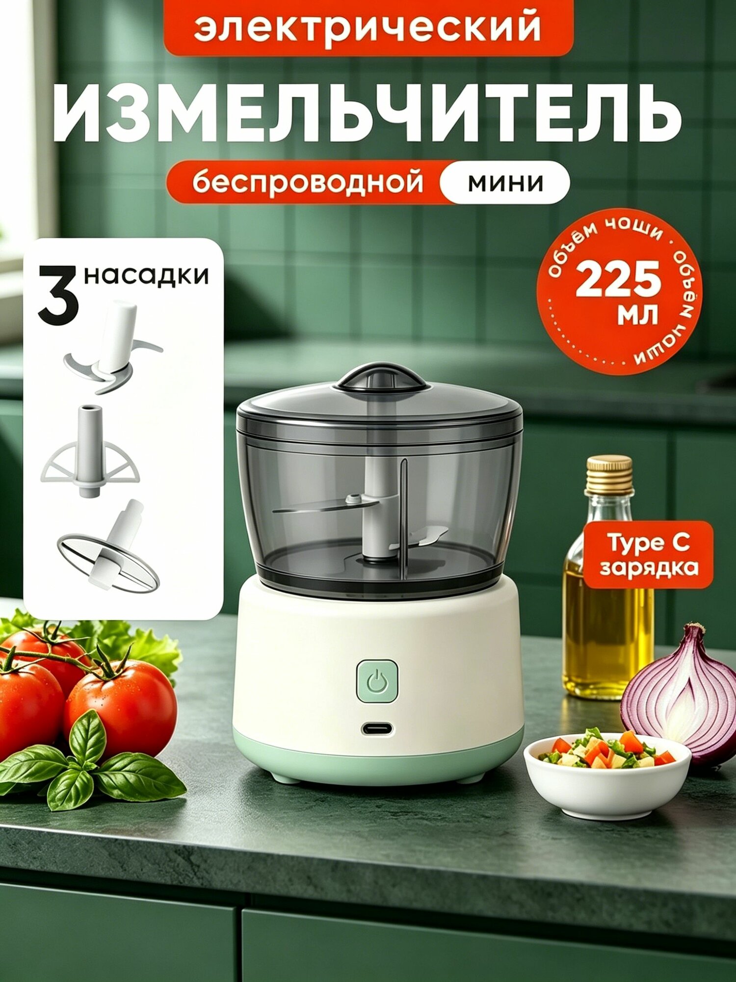 Измельчитель электрический беспроводной мини, 225 мл, 3 насадки и Type-C, для орехов и детского питания