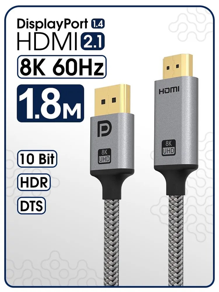 Кабель DisplayPort - HDMI2.1, 8K/60 Гц, DisplayPort1.4, 1.8 метра