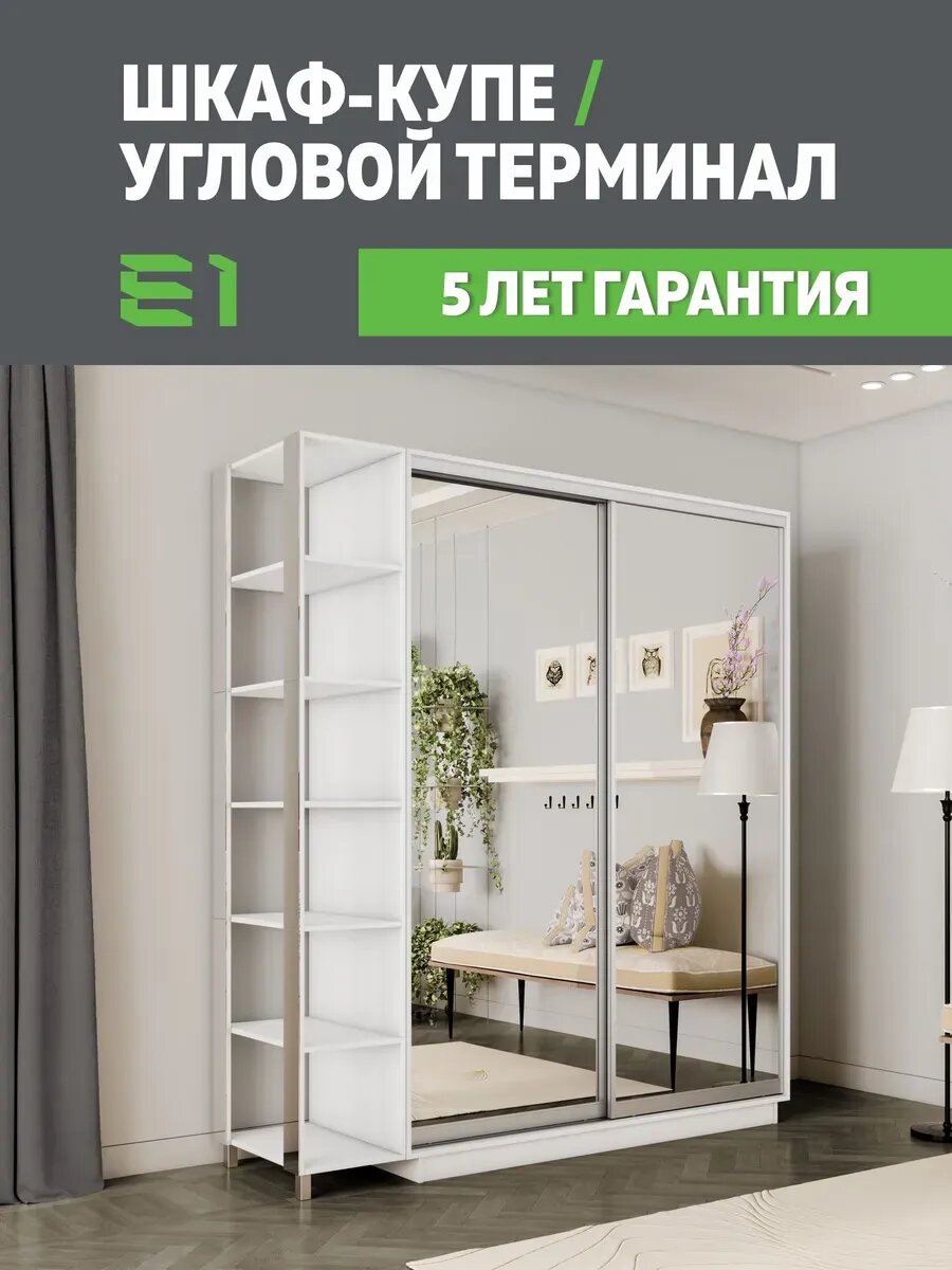 Шкаф-купе Е1 Экспресс с открытыми полками двухдверный, зеркала, 140х60х240, белый