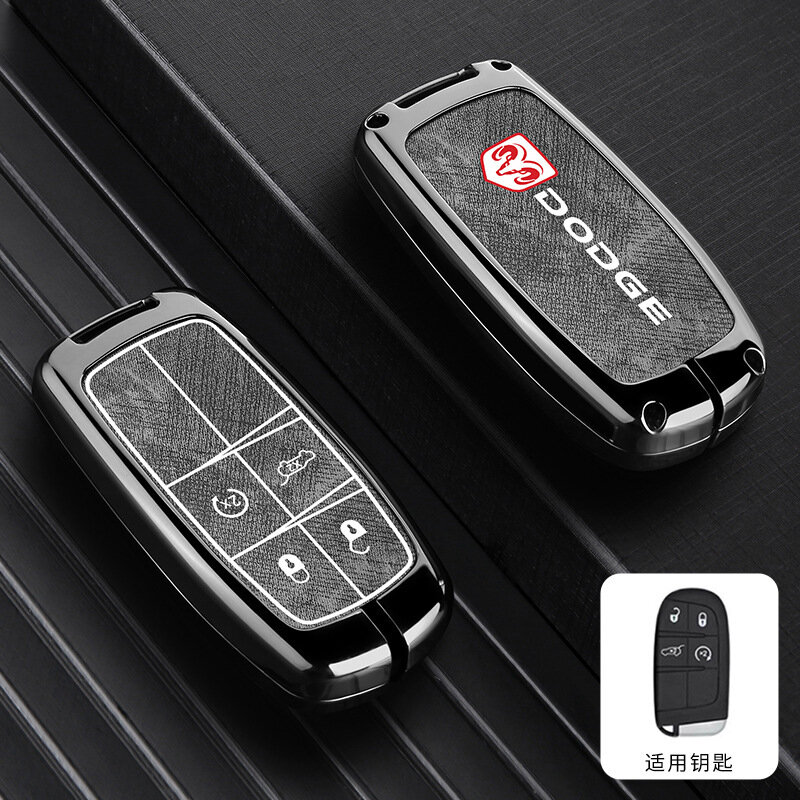 Металлический чехол для ключей для Dodge 4-ключевой с деним-узором и серой кожаной оболочкой одиночный