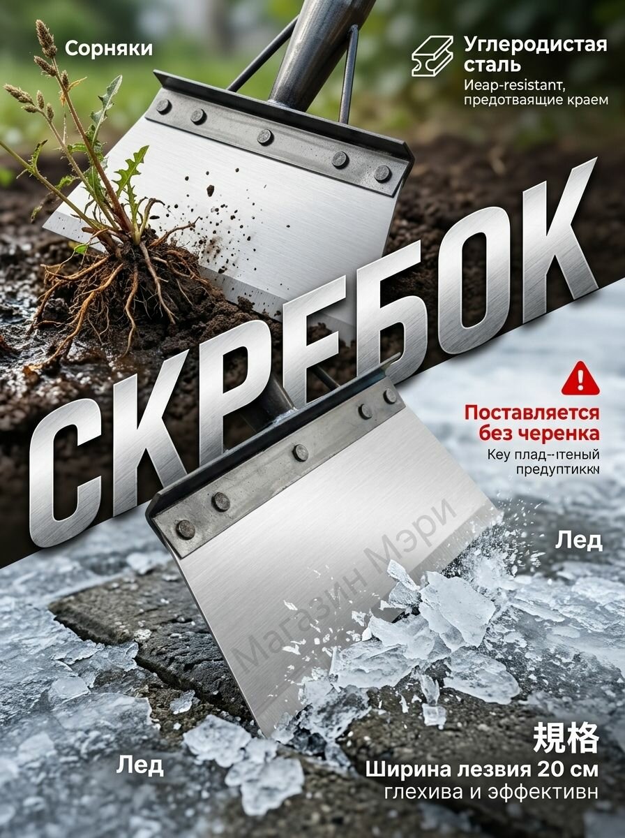 Усиленная лопата-скребок садовая стальная, универсальный ледоруб и мотыга для удаления сорняков, льда и уборки, насадка 20 см для сада прополка скалывание льда