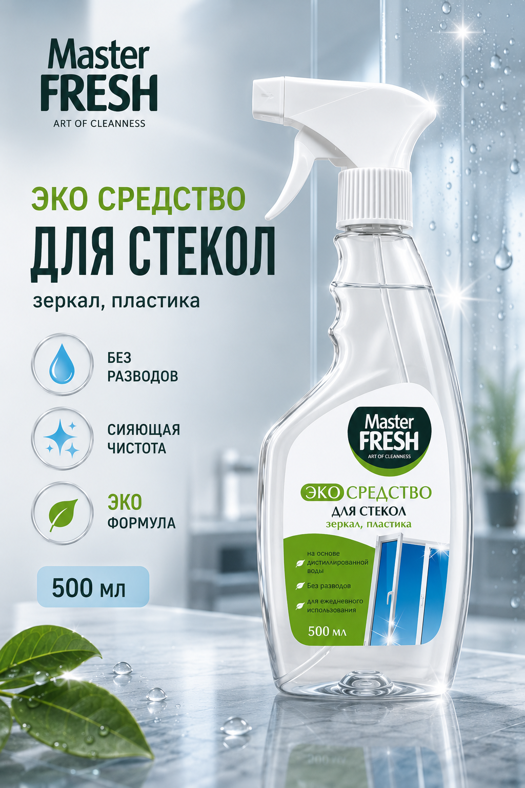 Спрей для стекол, зеркал и пластика Master Fresh Экологичный 500мл
