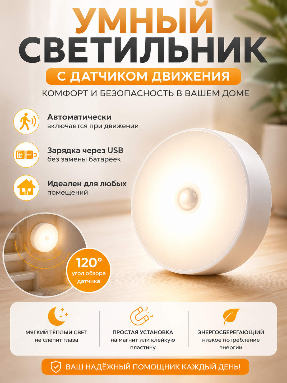 Настенный круглый светодиодный ночник с датчиком движения, беспроводной
