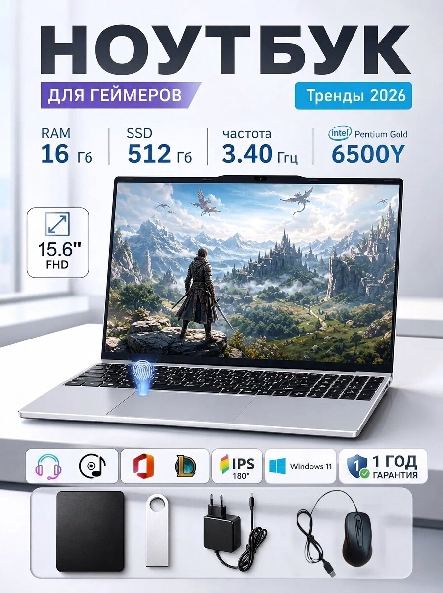Ноутбук для работы и учебы,15.6" Intel Pentium Gold 6500Y ,1.6 ГГц-3.4 ГГц,1920x1080 IPS,16GB RAM SSD 512GB Windows 11