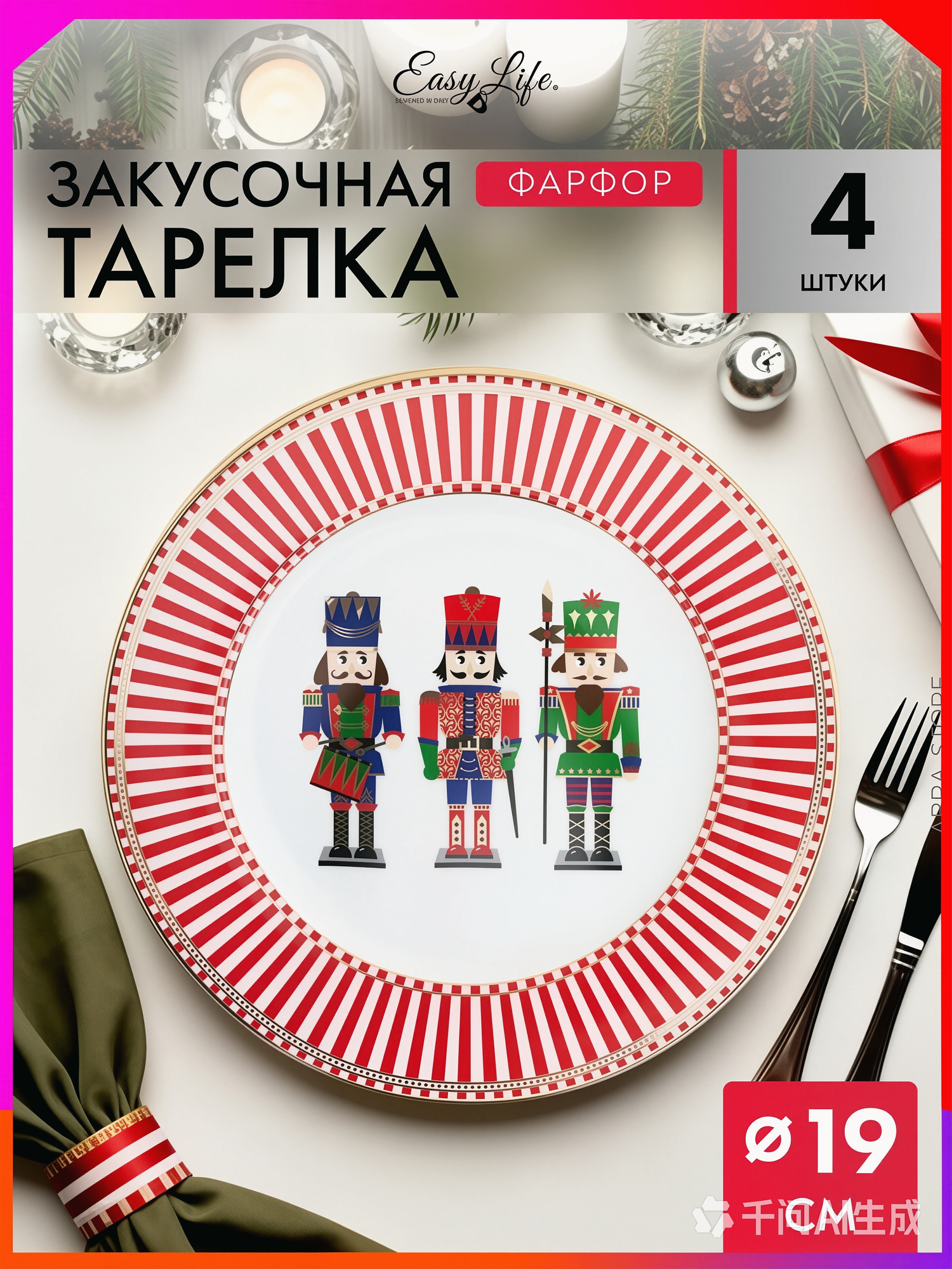 Тарелка «Щелкунчик», диаметр 19 см, тарелка для торта с золотой каймой, тарелка для десерта, блюда для западной кухни