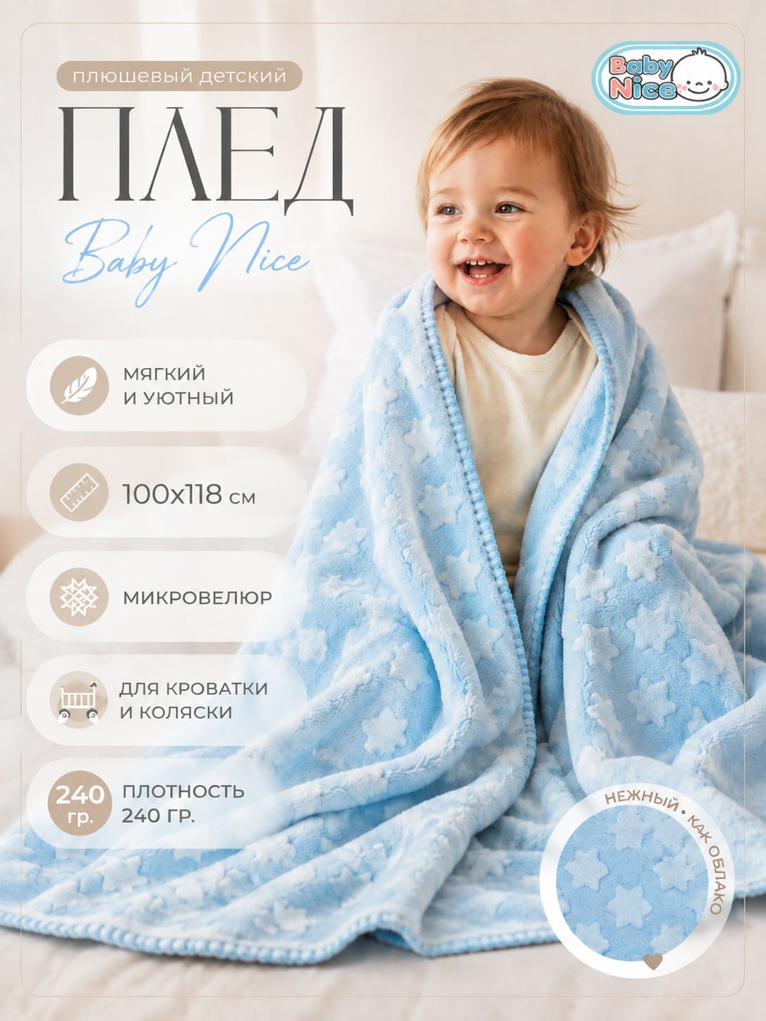 Плед для новорожденных 100х118 голубой микрофланель