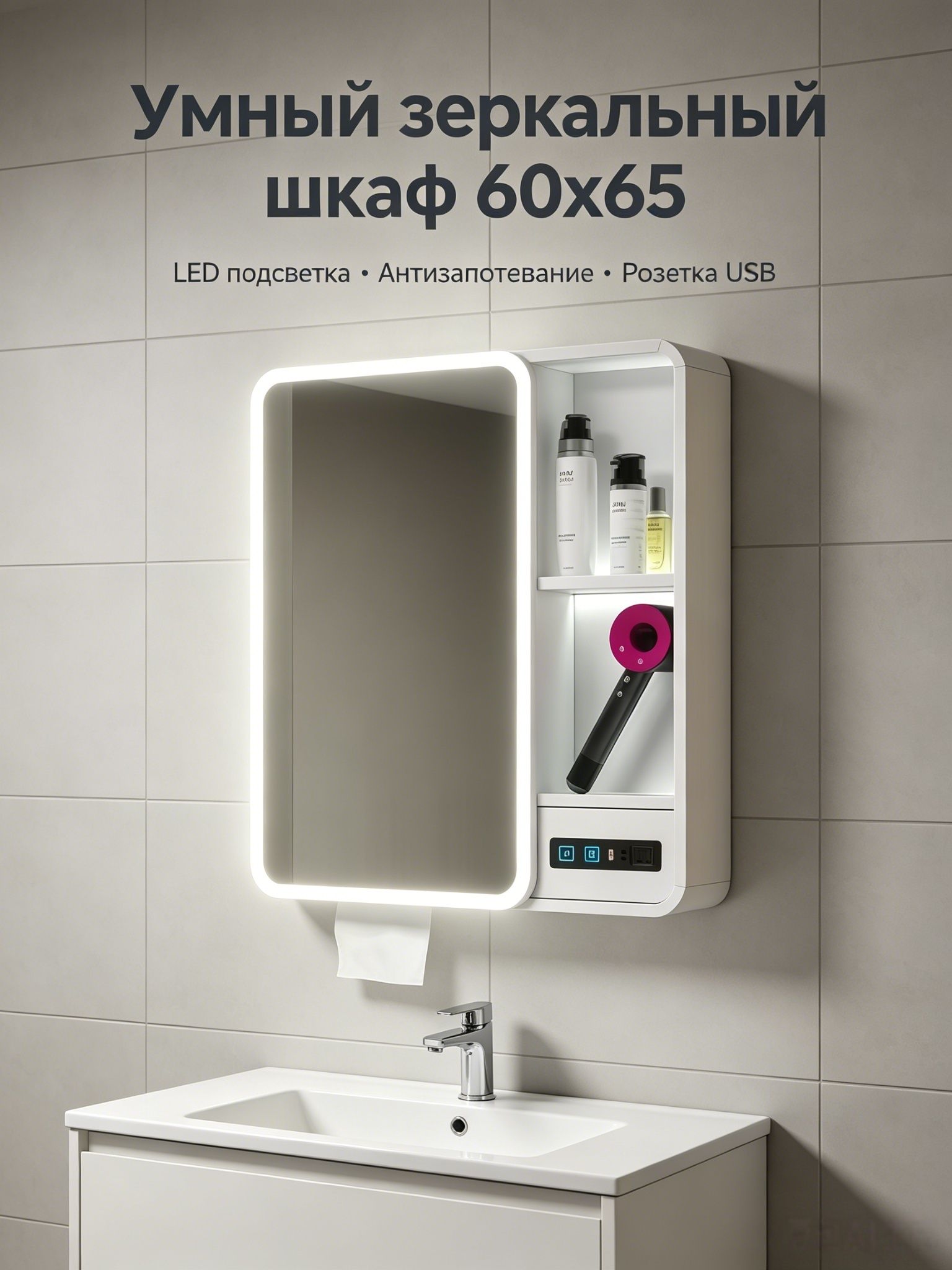 Умный зеркальный шкаф 60 65 см, LED подсветка, антизапотевание, USB розетка