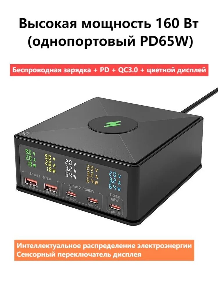 Многопортовая беспроводная зарядная станция PD+ со светодиодным дисплеем, 160 Вт