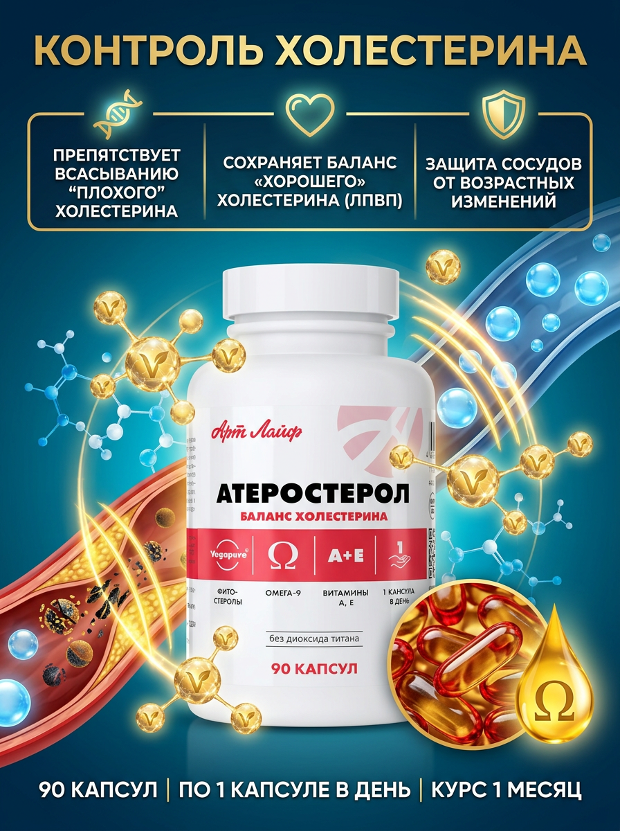 Атеростерол Арт Лайф. Комплекс для поддержания нормального уровня холестерина, витамином Е и Бета-каротином. 90 капс.