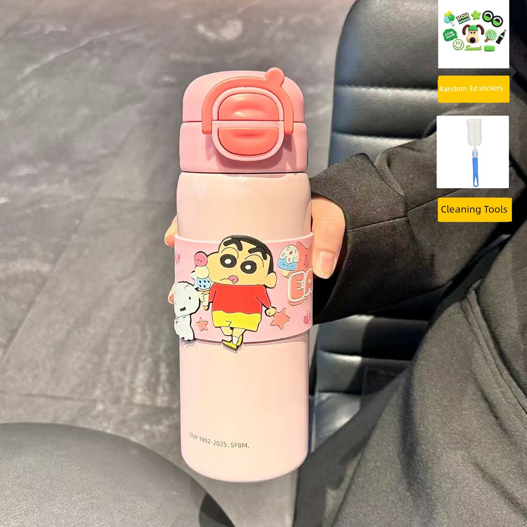Официальный детский термос Crayon Shin-chan 700 мл с трубочкой, двойной способ питья, подарочный набор - Розовый