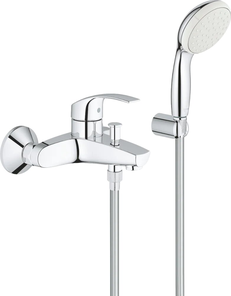 Смеситель для ванны с душем Grohe Eurosmart New 3330220A с душевым гарнитуром, настенный, однорычажный, хром, глянцевый, латунный, с керамическим картриджем