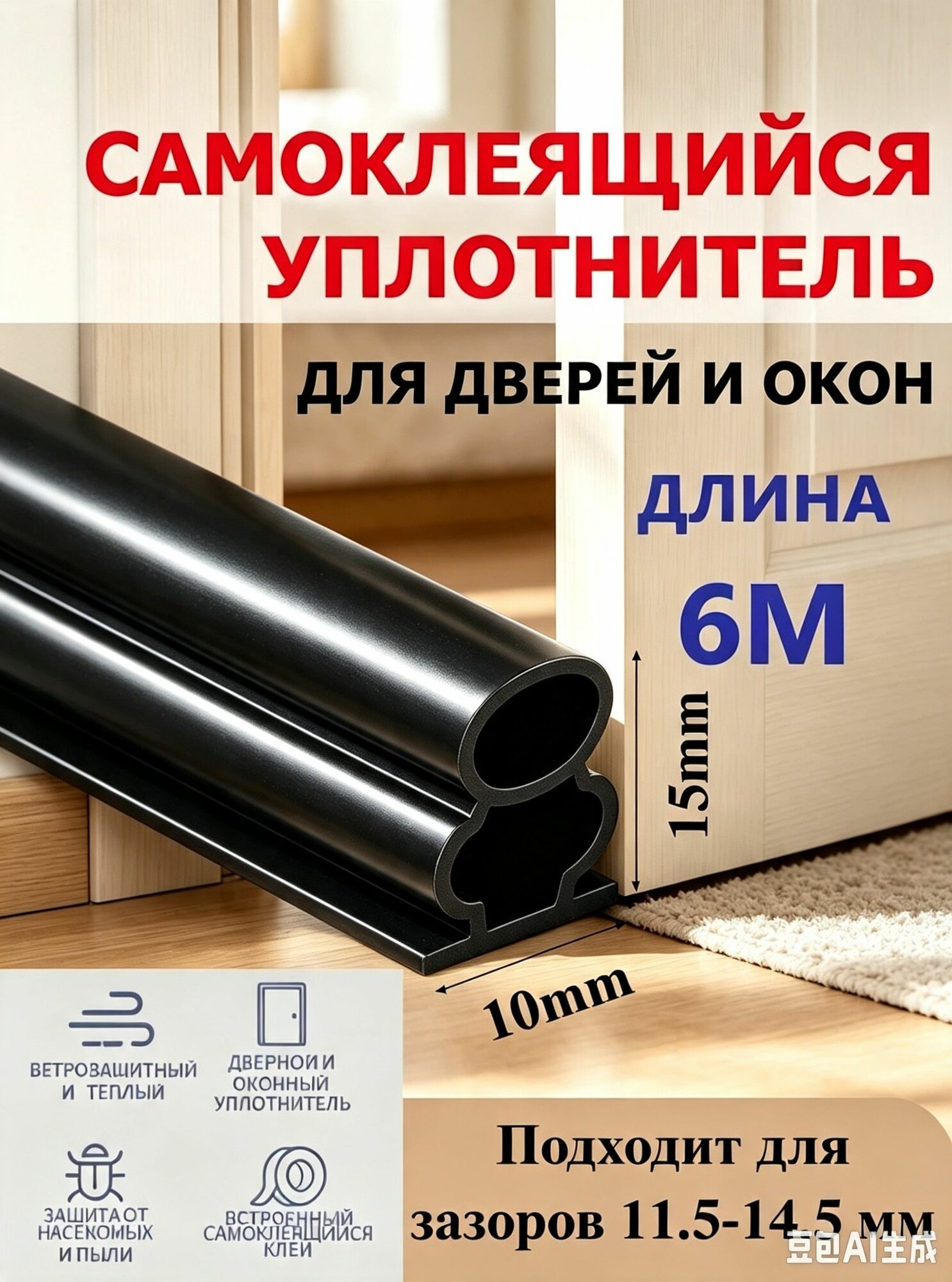 Уплотнитель самоклеющийся для дверей, окон, автомобилей, для щелей 11-14.5 мм, 6/3м