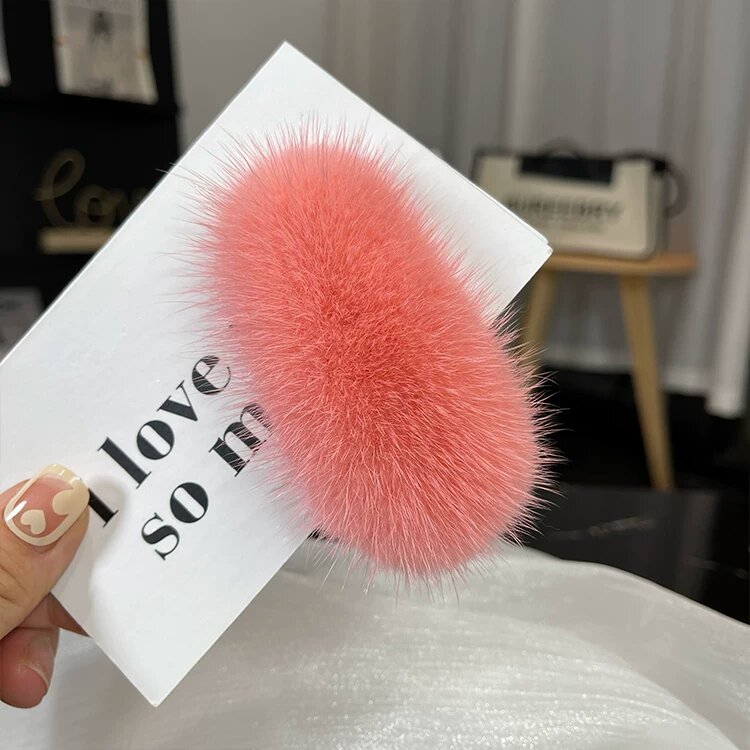 BB Korean Mink Fur Hair Clip in Starry Pink - Simple Elegant Hair Accessory for Women