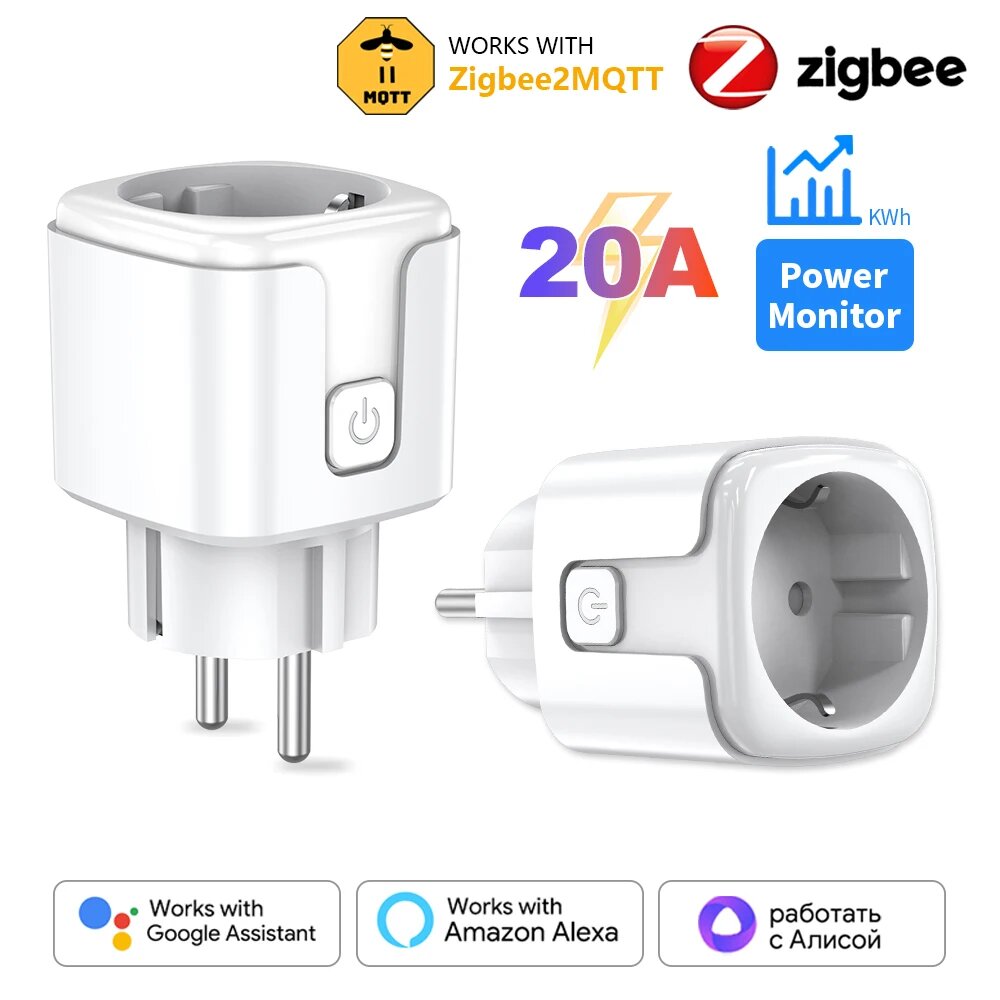 Белая умная розетка Zigbee2MQTT 20A