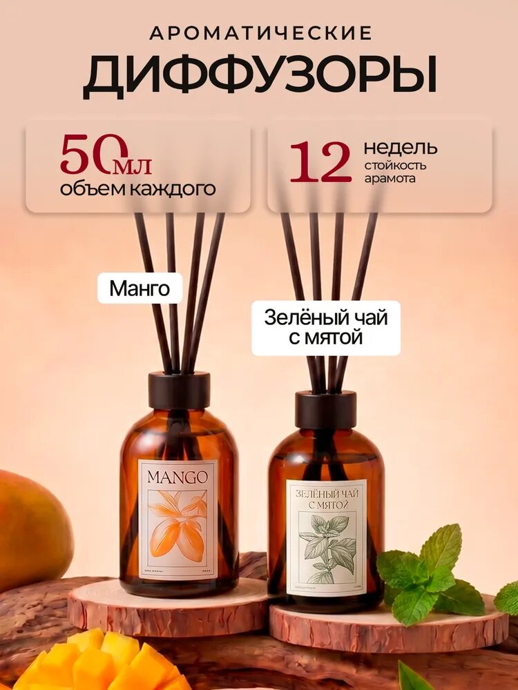Диффузор для дома с палочками AROMA BLOOM 2шт. Манго, Зеленый чай с мятой