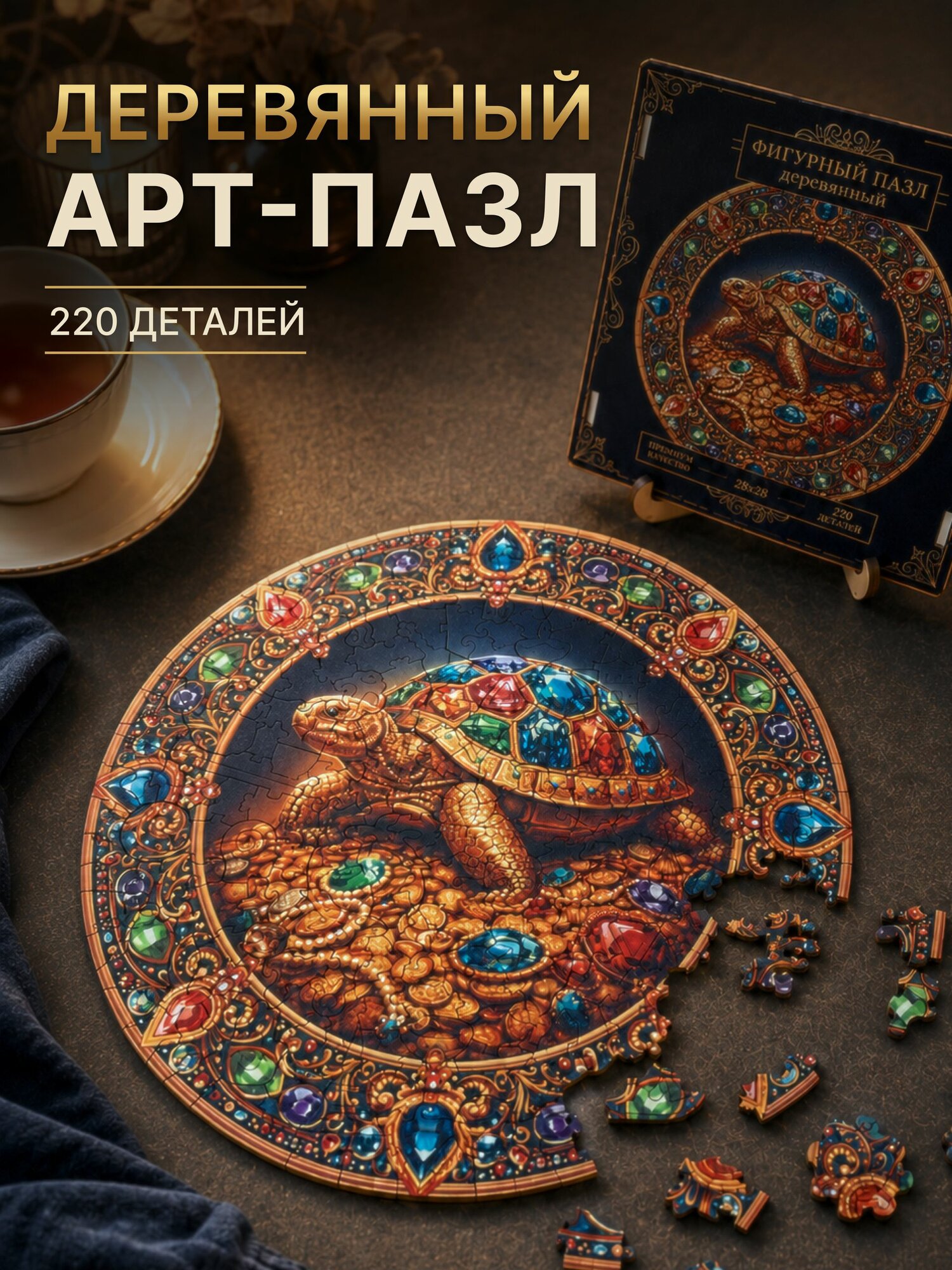 Деревянный пазл Черепаха с сокровищами мандала 220 деталей, круглый фигурный арт-пазл, антистресс для взрослых и подростков