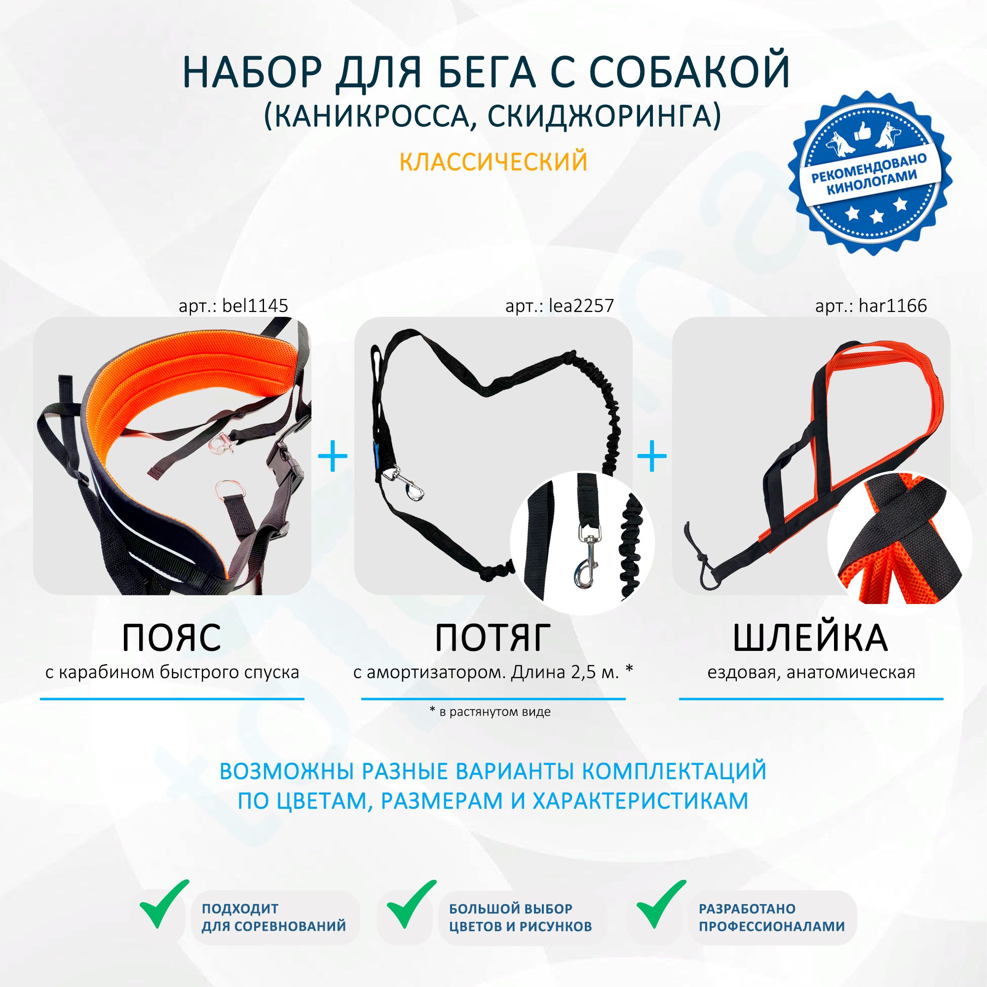 Набор для бега с собакой (каникросс). Пояс с карабином быстрого спуска, потяг с амортизатором 2,5 м, ездовая шлейка L