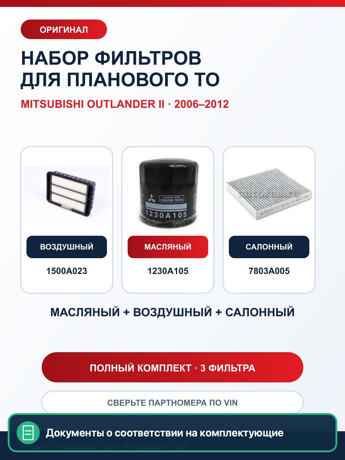 Набор фильтров для ТО Mitsubishi Outlander II 2006 2012: масляный, воздушный, салонный