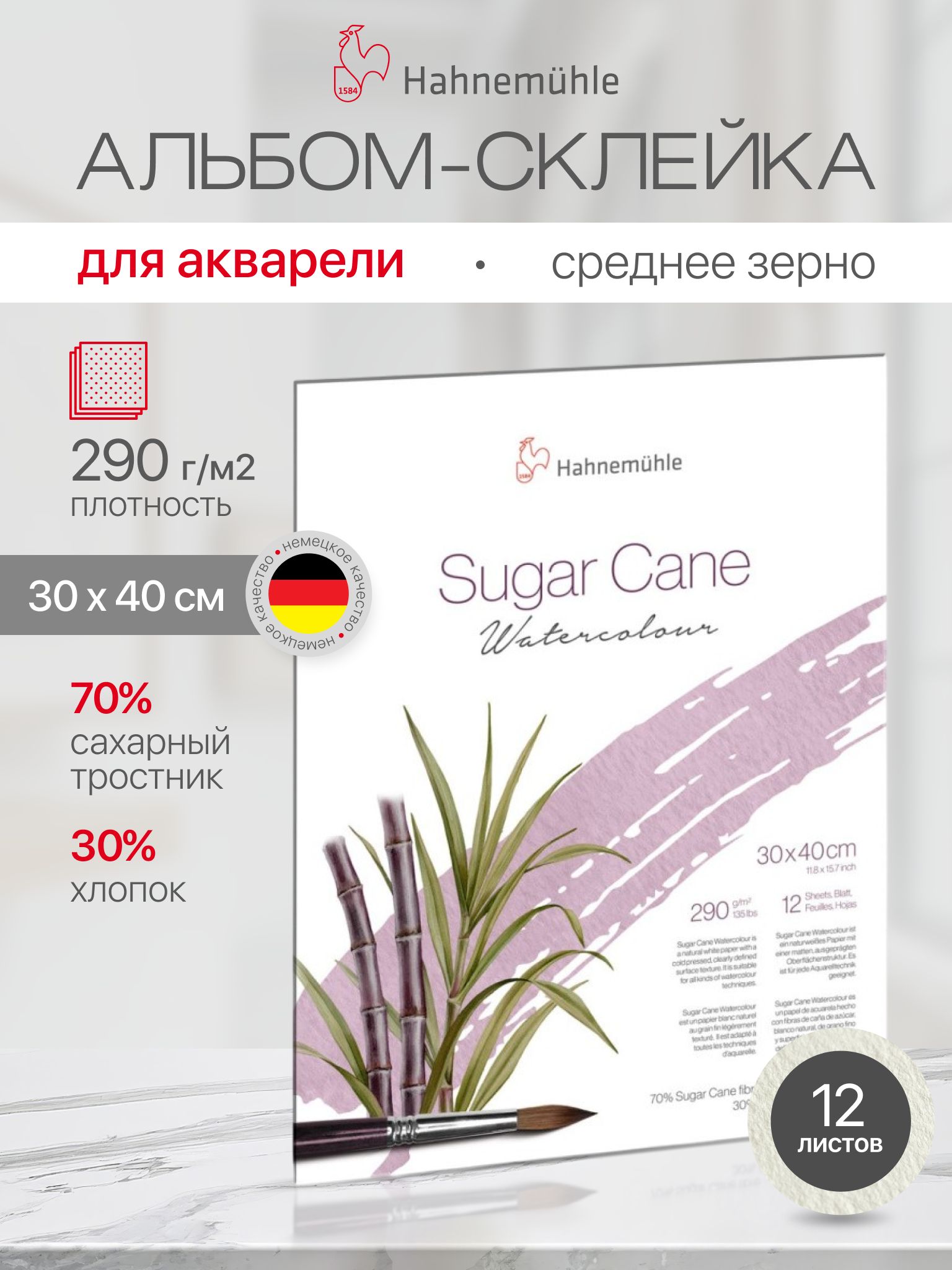 Hahnemuhle Альбом-склейка для акварели SugarCane, 290г, 30х40 см,12листов, среднее зерно