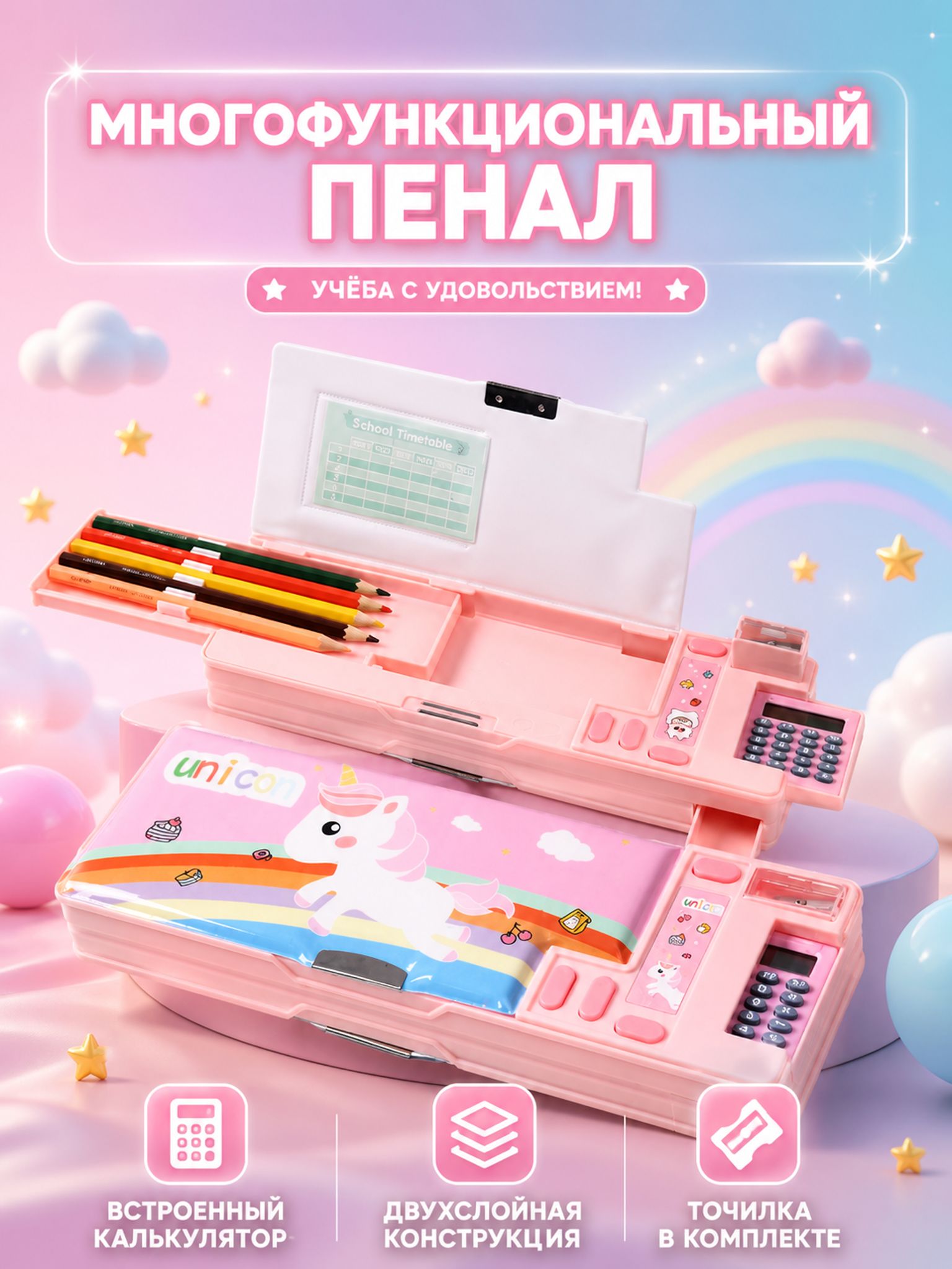 Пенал в школу , Многофункциональный с калькулятором для школы и офиса