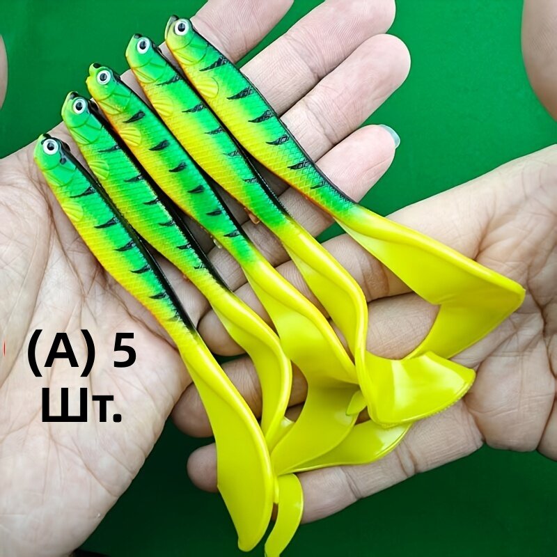 Силиконовые рыболовные приманки-черви, 5 шт, 4.9 дюйма, 0.25 унции, черно-серебристый цвет, реалистичный дизайн