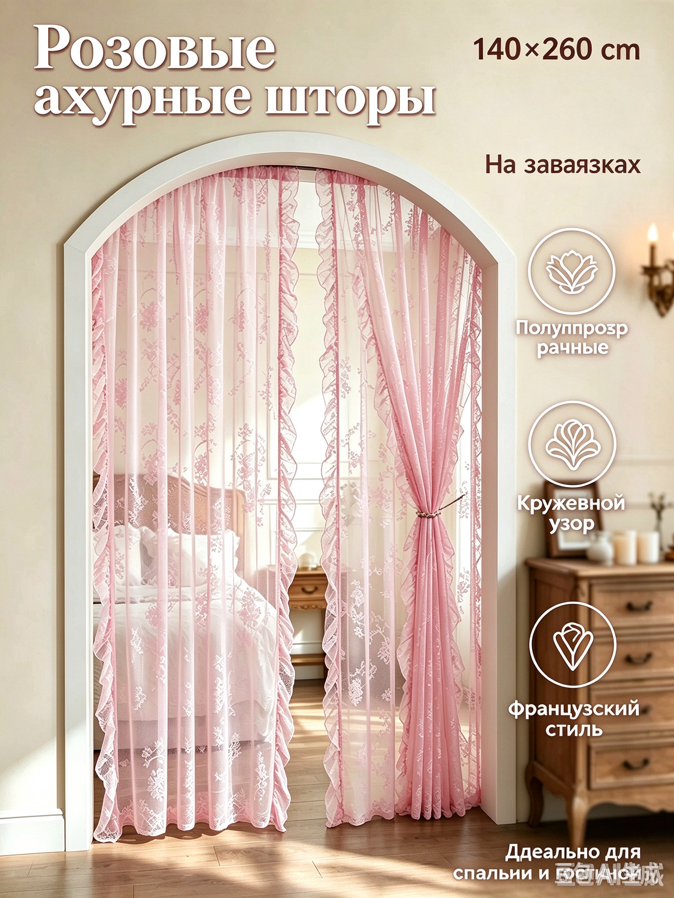 Тюль розовый ажурный с цветочным узором на люверсах, комплект 1 шт, 140×260 см