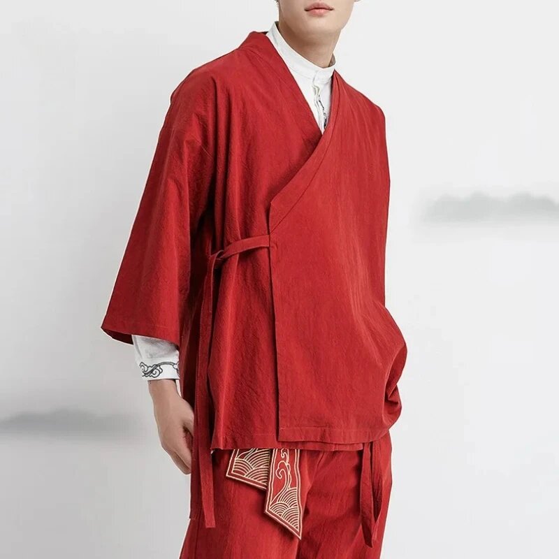 Женский японский хаори-юката из хлопка и льна Красный, XXXL, Red Cardigan