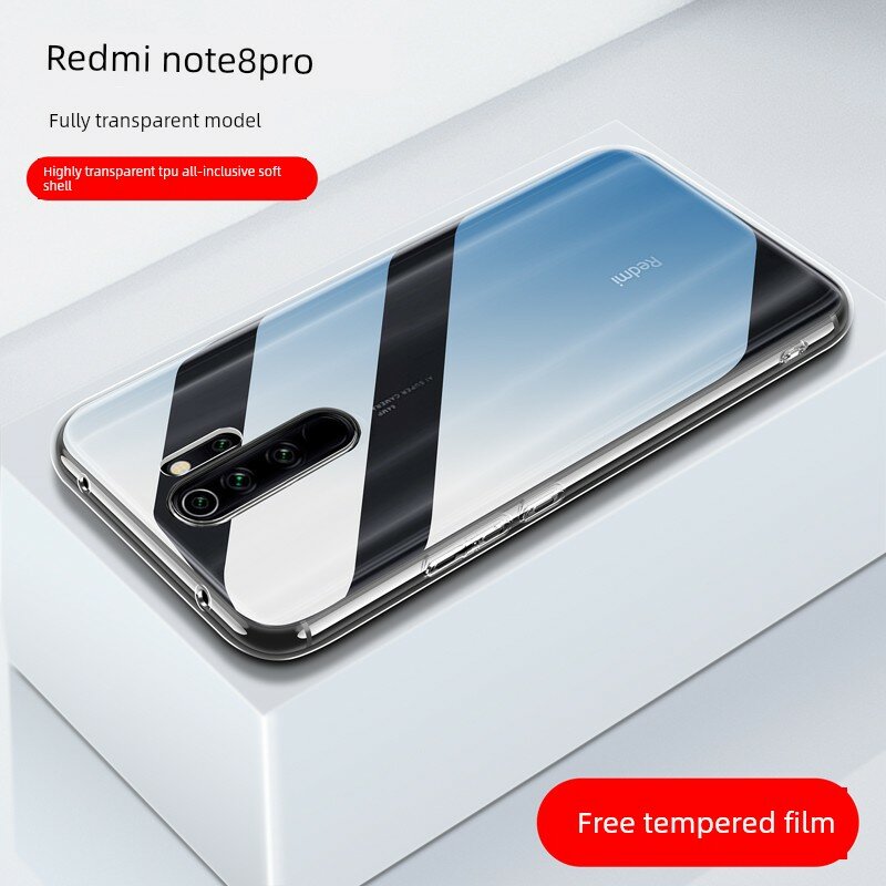 Прозрачный силиконовый чехол TPU для Redmi Note 8 Pro с защитным стеклом - Высокая прозрачность, тонкий, ударопрочный