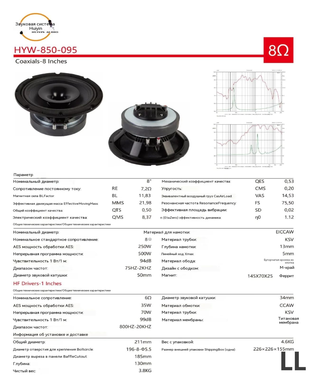 Коаксиальный динамик 8 дюймов с рупором, модель 850-095