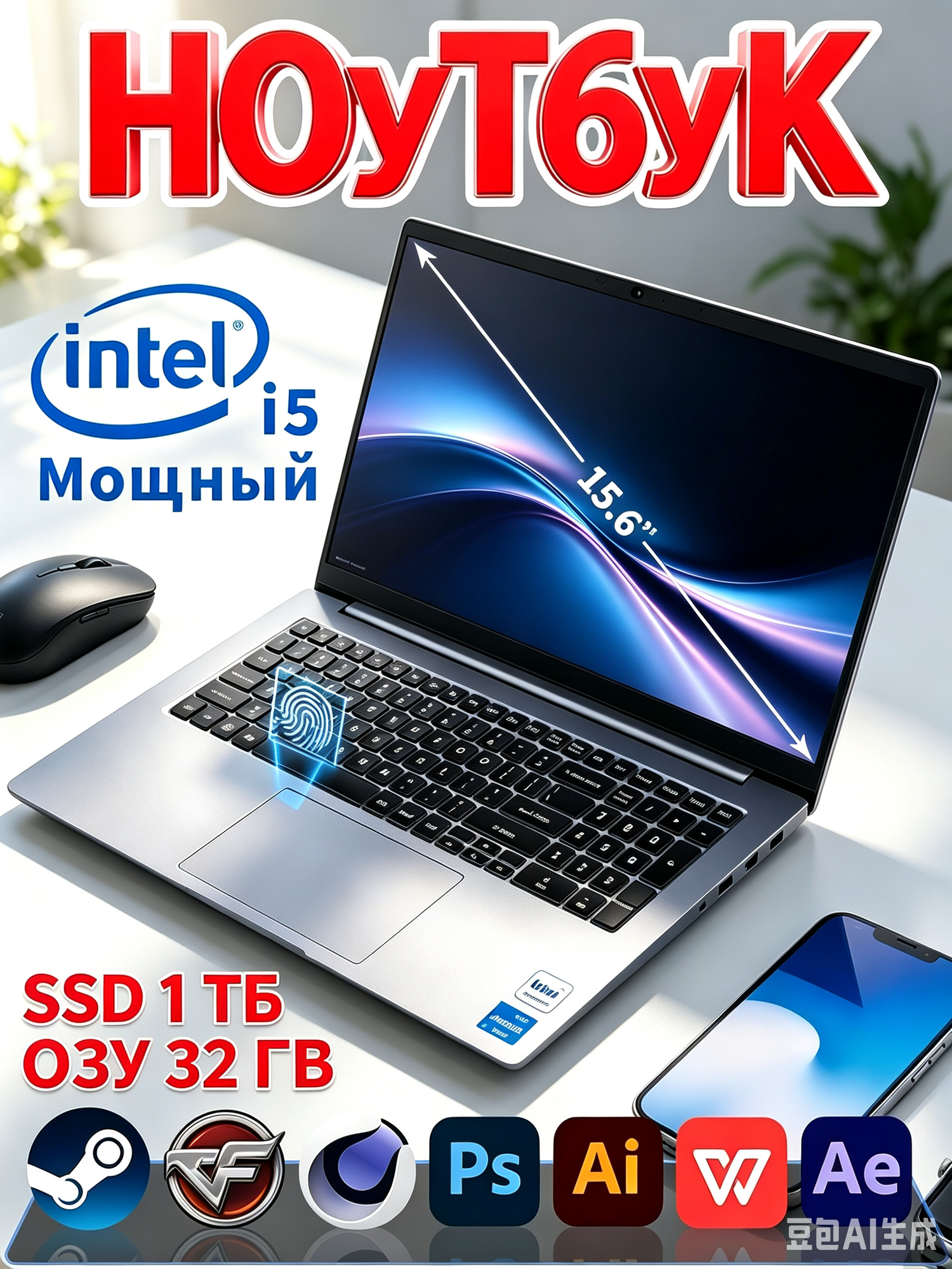 Ноутбук Intel core i5, Windows 11 Pro, SSD 1TB, 15.6", подсветка клавиатуры