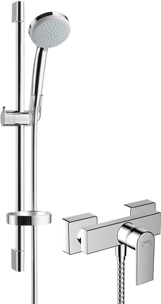 Смеситель для душа Hansgrohe Vernis Shape 71650000 с душевым гарнитуром, хром, глянцевый, настенный, латунный, однорычажный, смеситель для ванны с душем