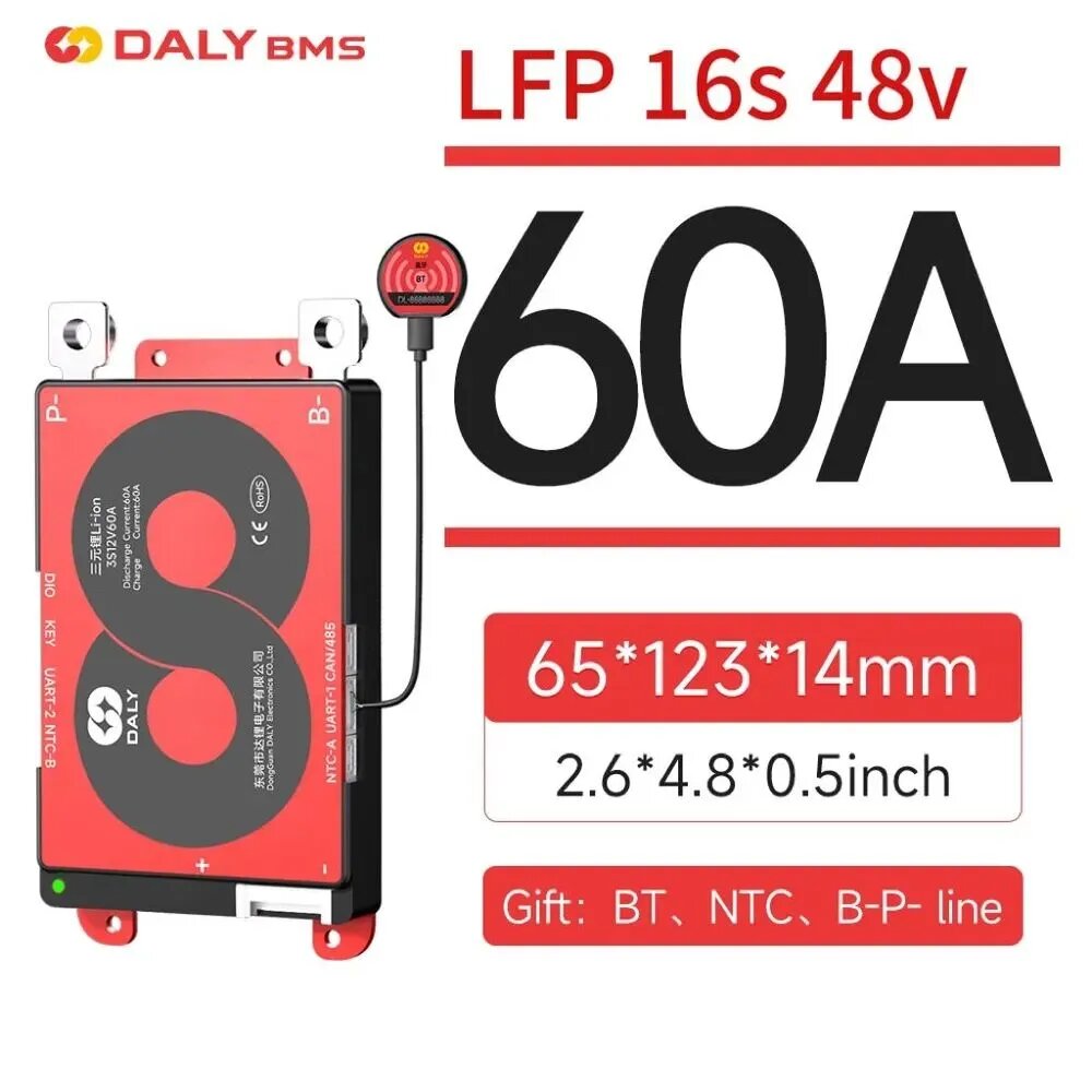 Lifepo4 16S 48V Поддержка непрерывного тока 60A с Bluetooth и функцией балансировки UART RS485/CAN