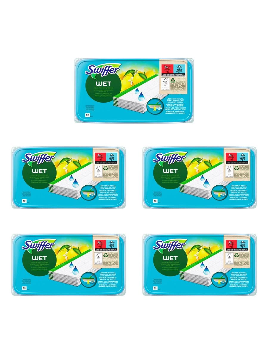 Набор 5 уп х 10 шт Swiffer влажные салфетки для пола с ароматом лимона (Германия), сменные насадки для швабры, удаляют грязь и жир без разводов