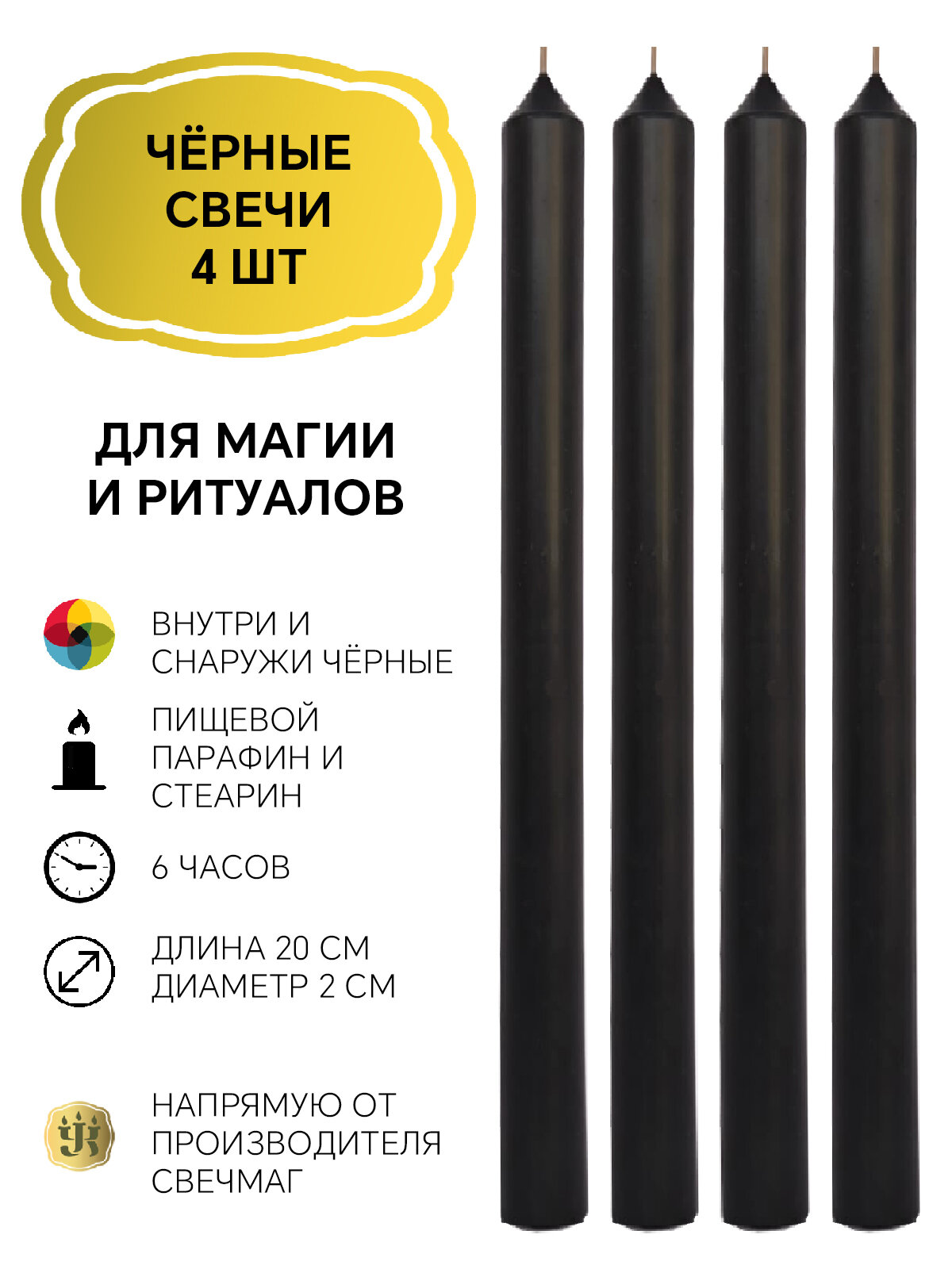Свечи черные магические ритуальные, набор 4шт, Свечмаг