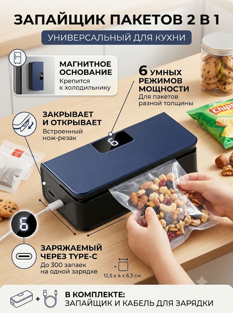 Запайщик пакетов 2 в 1, 12.5*4*6.3 см, 6 режимов, Type-C, для кухни