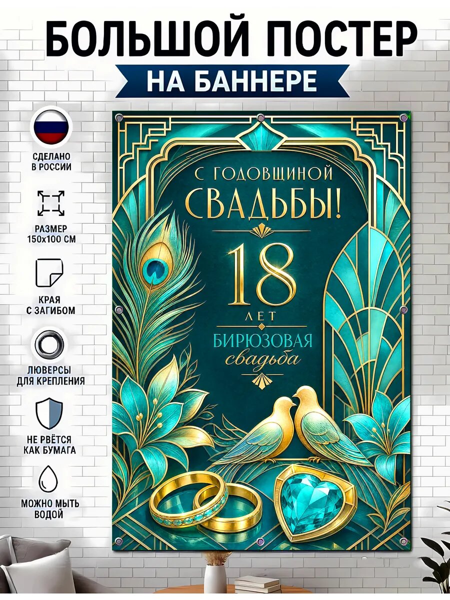 Большой плакат фотозона 18 лет бирюзовая свадьба 1 на 1,5 м. с люверсами