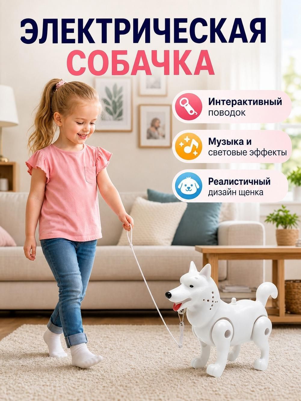 Интерактивная игрушка в виде собаки, белая, со светом и звуком