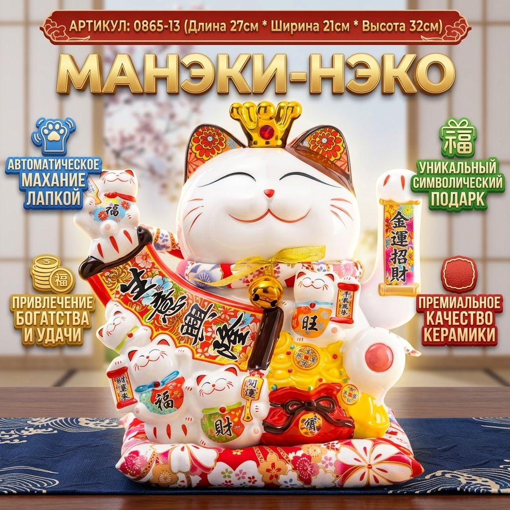 Маятник "Манеки Нэко", кот машущий лапой. 32 см. керамика