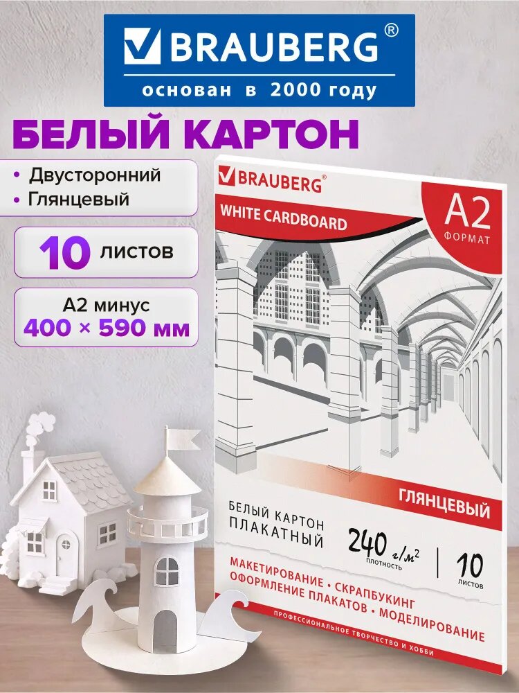 Картон белый плотный Большого Формата, А2 Мелованный (глянцевый), 10 листов, в папке, Brauberg, 400х590 мм
