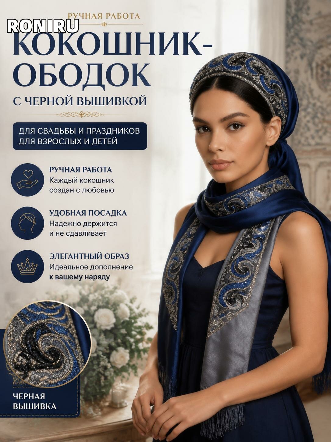Кокошник-ободок с черной вышивкой, повязка на голову для свадьбы и праздников ручной работы для взрослых и детей
