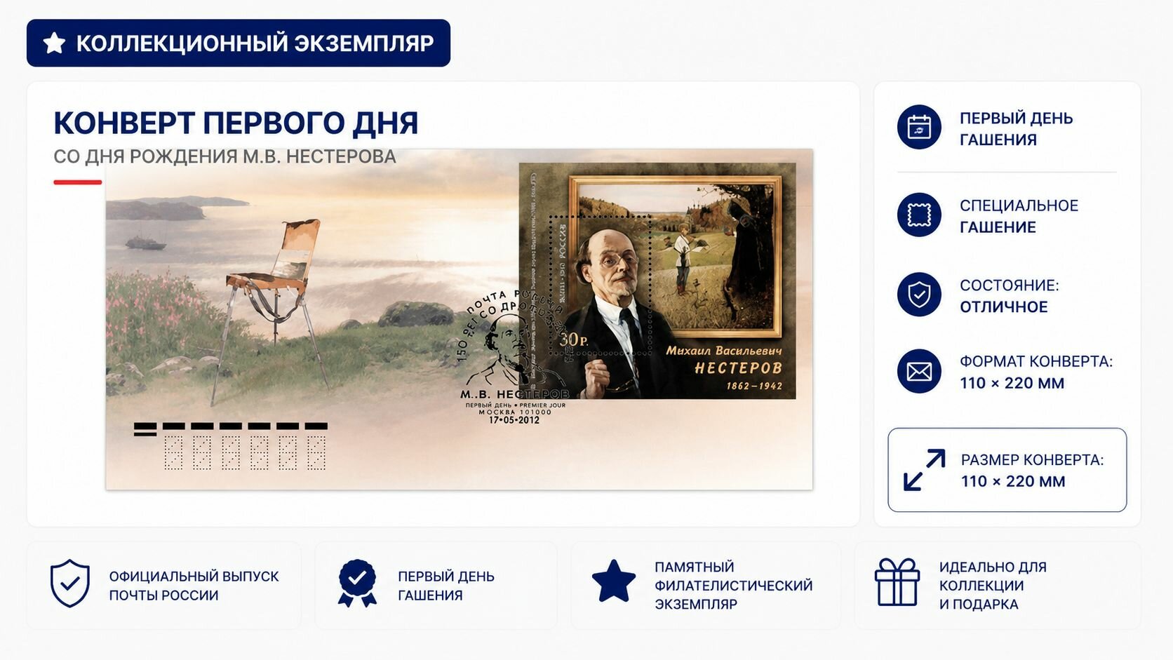 Конверт первого дня спецгашение 150 лет со дня рождения живописца М. В. Нестерова (1862-1942)